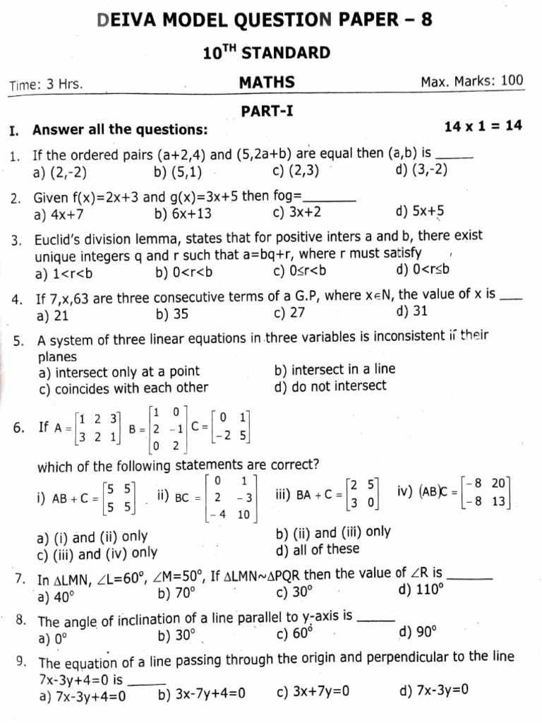 10TH Maths Deiva Model Question Paper 8 | PDF | Mathematics