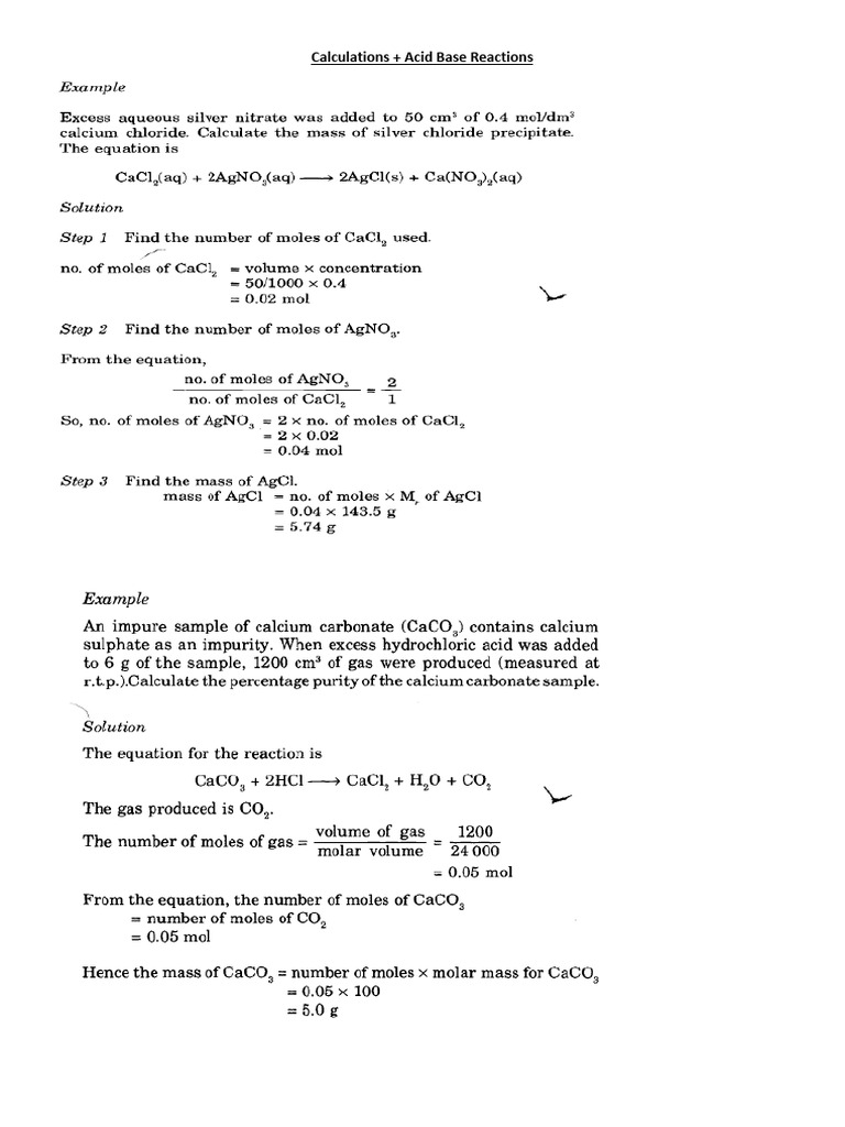 Conc Calculations + Acid Base Reactions | PDF