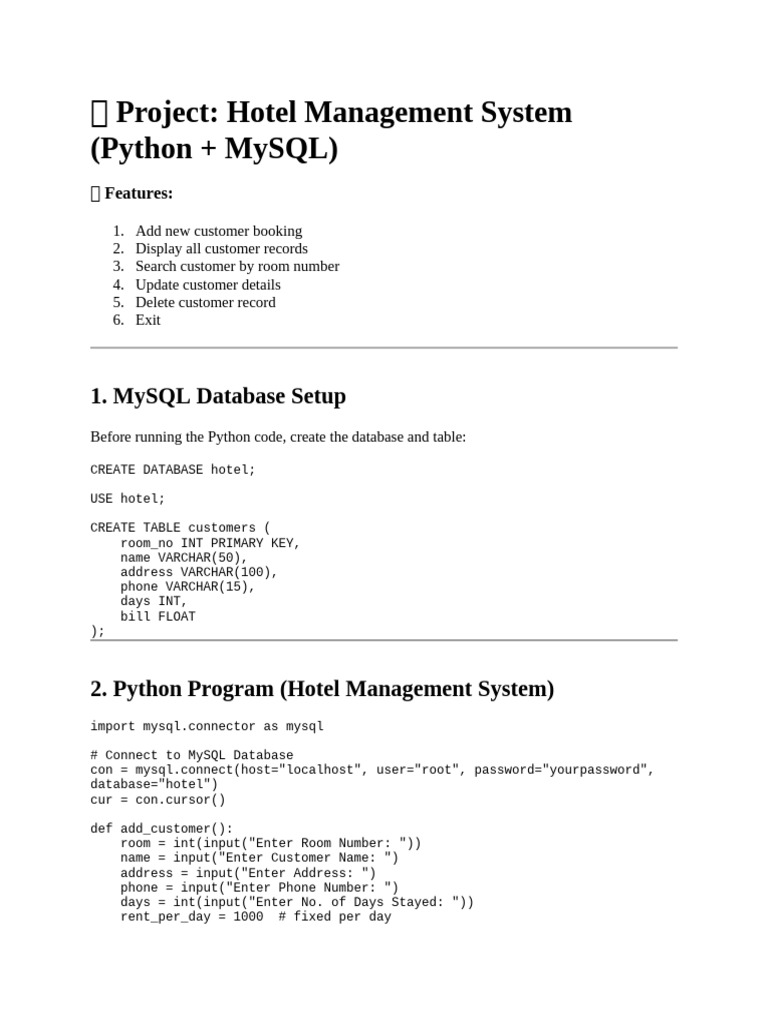 CS Project Hotel Management System | PDF | Databases | Python (Programming Language)