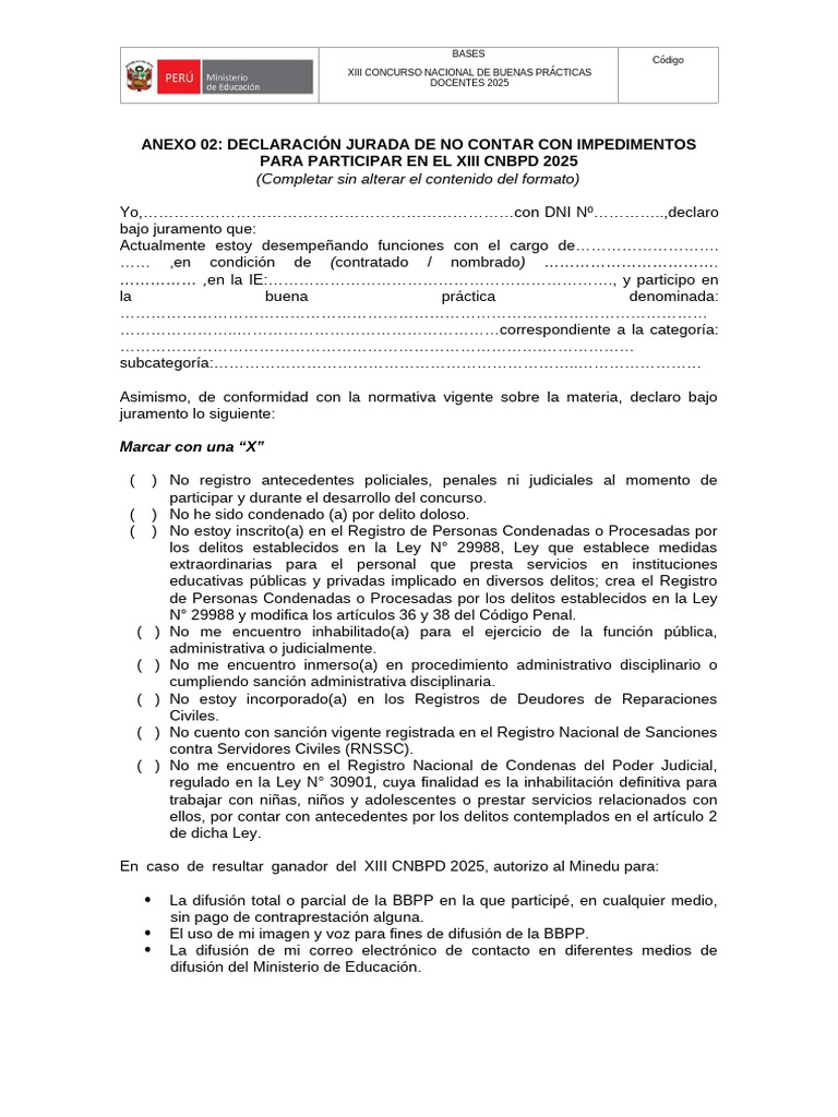 Anexo-02-Declaracion Jurada de No Contar Con Impedimentos | PDF | Gobierno | Justicia