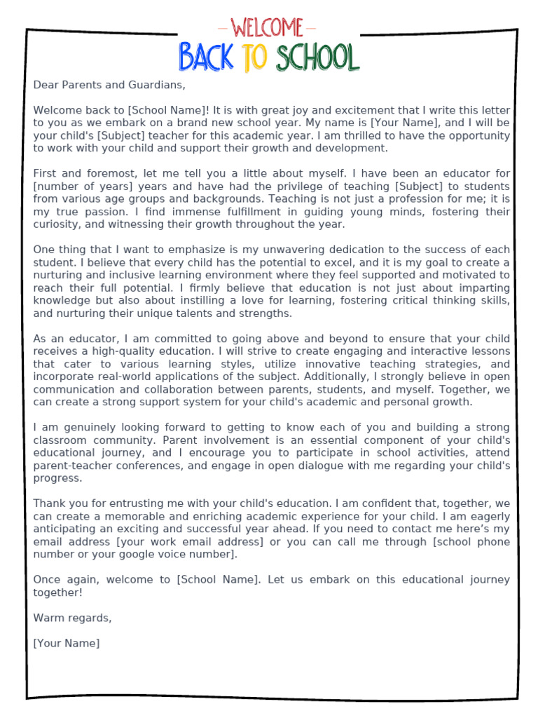 EDITABLEWelcomeBacktoSchoolWelcomeLettertoParents 1 | PDF | Behavioural ...
