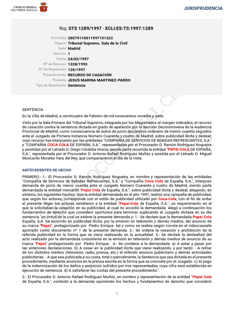 Fallo STS 1289/1997 sobre publicidad desleal | PDF | Sentencia (ley ...