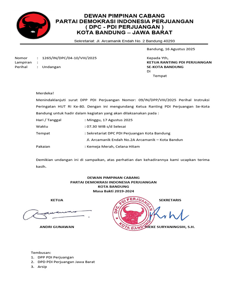 Undangan HUT RI Ke-80 PDI Bandung | PDF