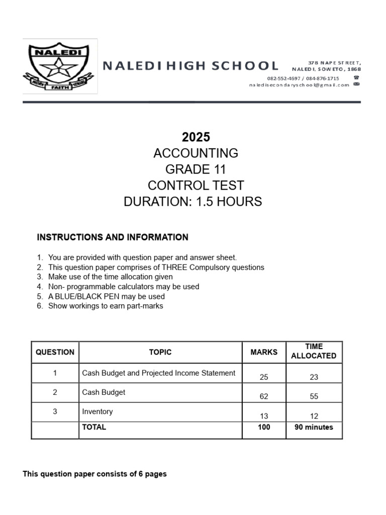 Grade 11 Accounting Control Test | PDF | Budget | Income Statement