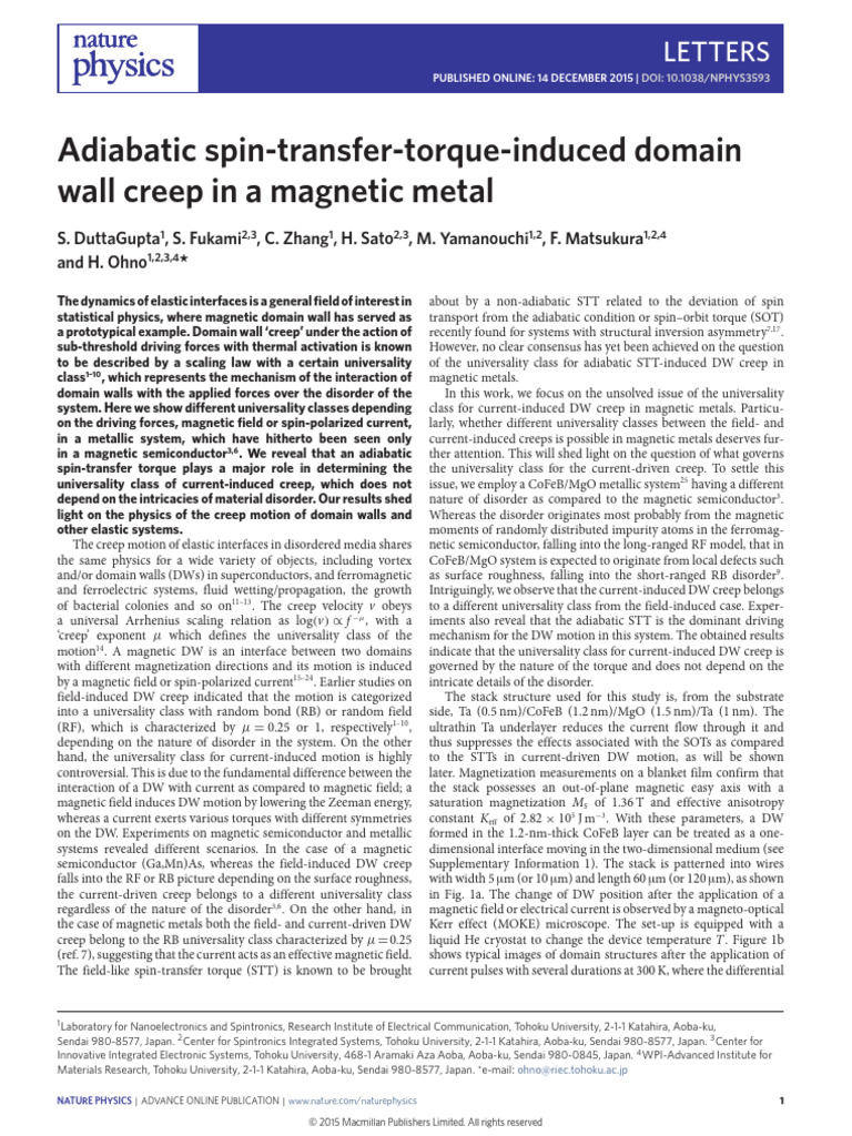 Adiabatic Spin-transfer-Torque-Induced Domain Wall Creep in A Magnetic Metal-Compressed | PDF ...