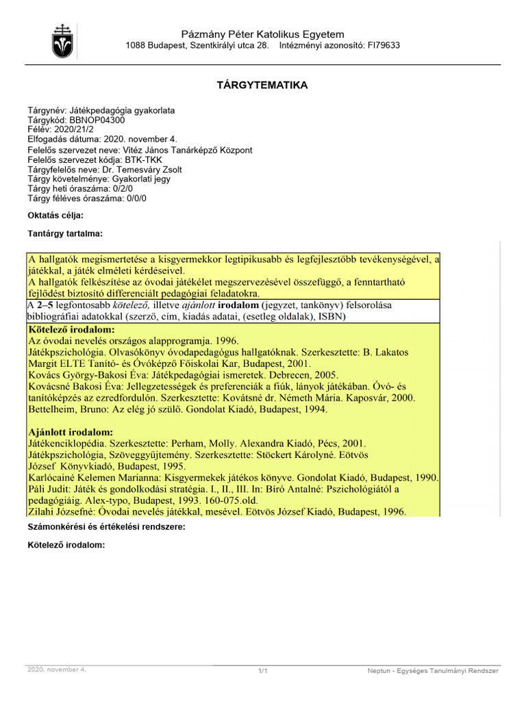 Tárgytematika: Pázmány Péter Katolikus Egyetem | PDF