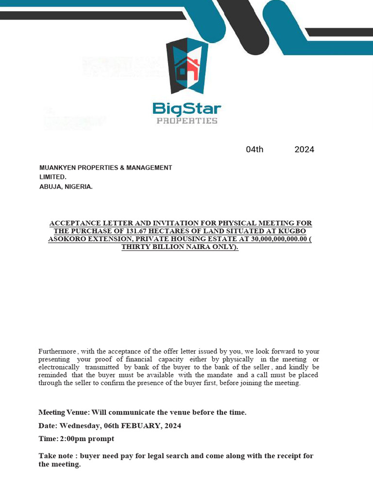 Acceptance Letter For 131.67 Hectares Kugbo Asokoro Private Housing ...