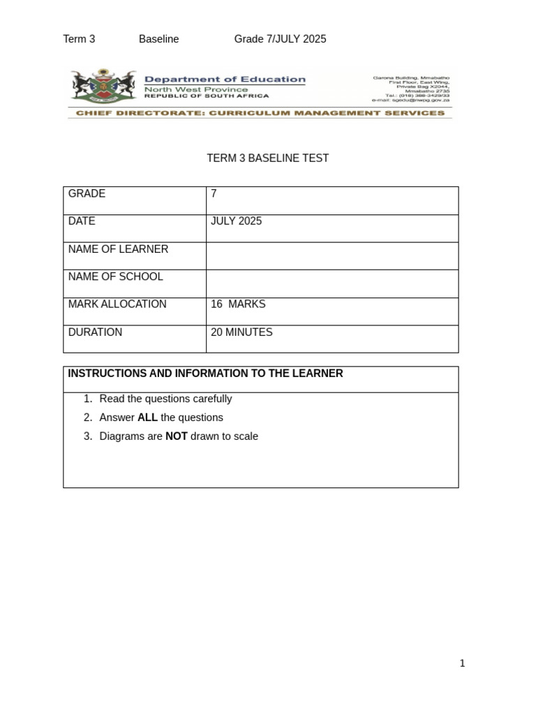 Gr 7 2025 Term 3 Baseline Test | PDF | Perpendicular | Triangle