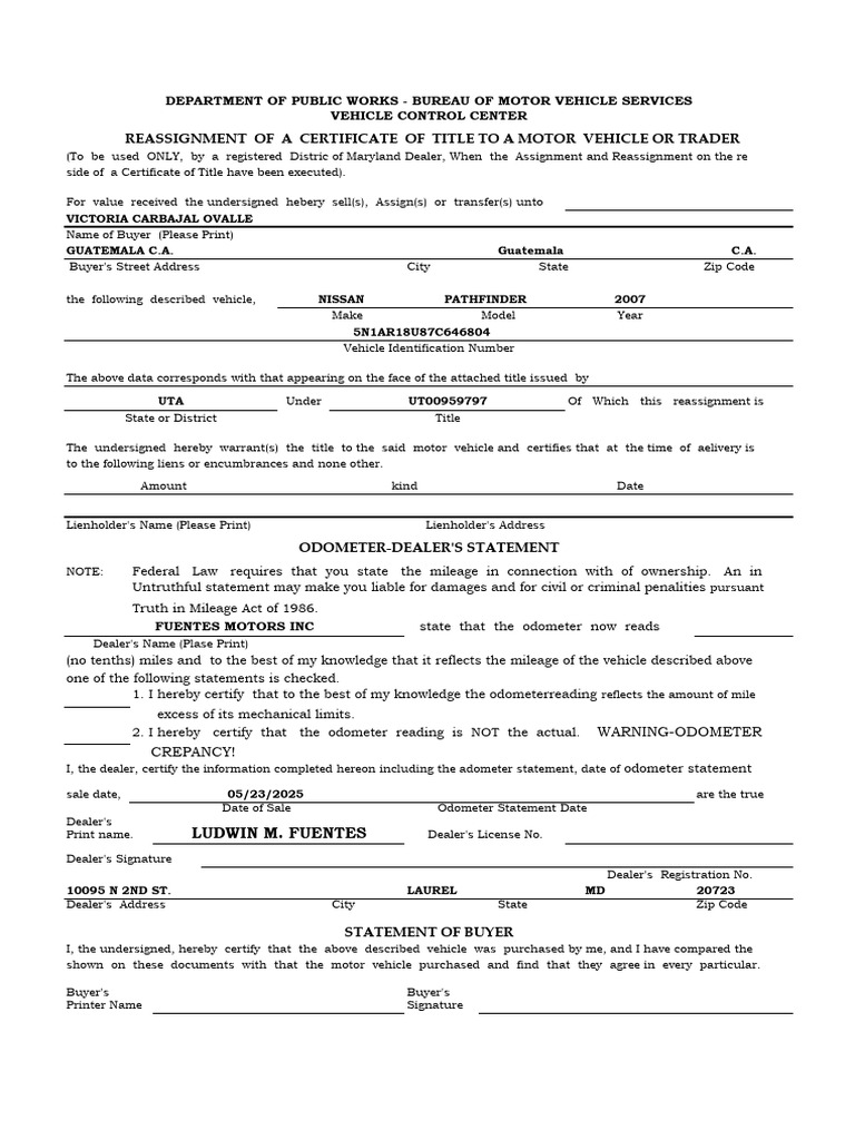Maryland Vehicle Title Reassignment Form | PDF | Lien | Vehicles