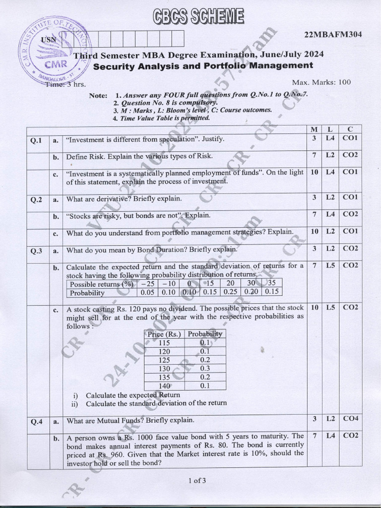 Open VTU Question Paper of 22MBAFM304 Security Analysis & Portfolio ...