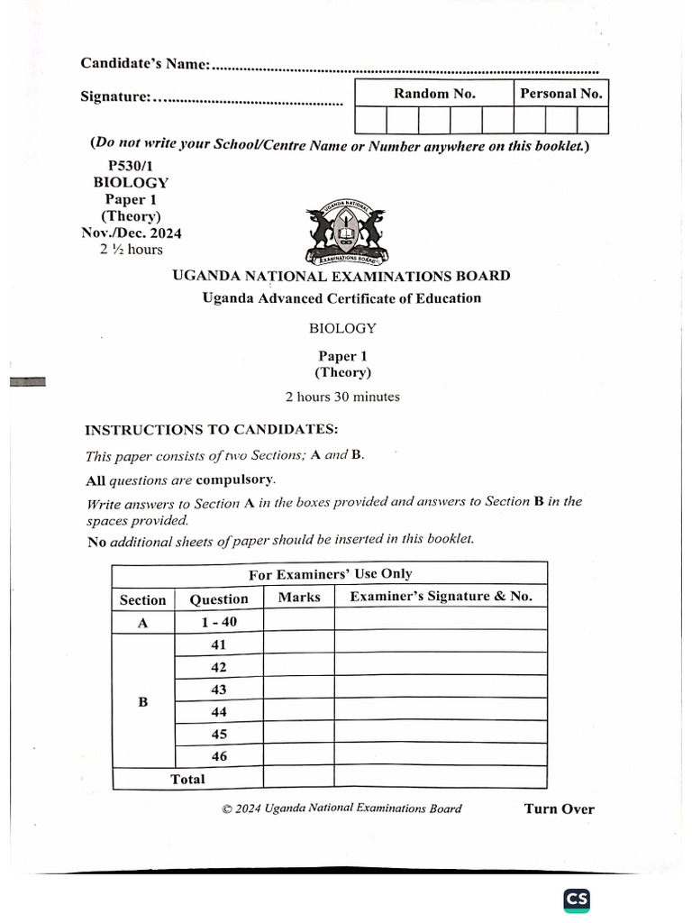 Uneb Uace 2024 Bio p1 | PDF