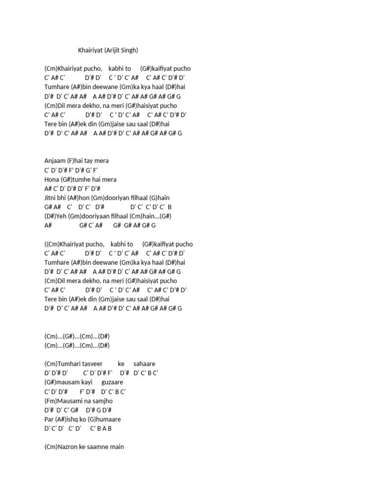 Khairiyat Lyrics by Arijit Singh | PDF