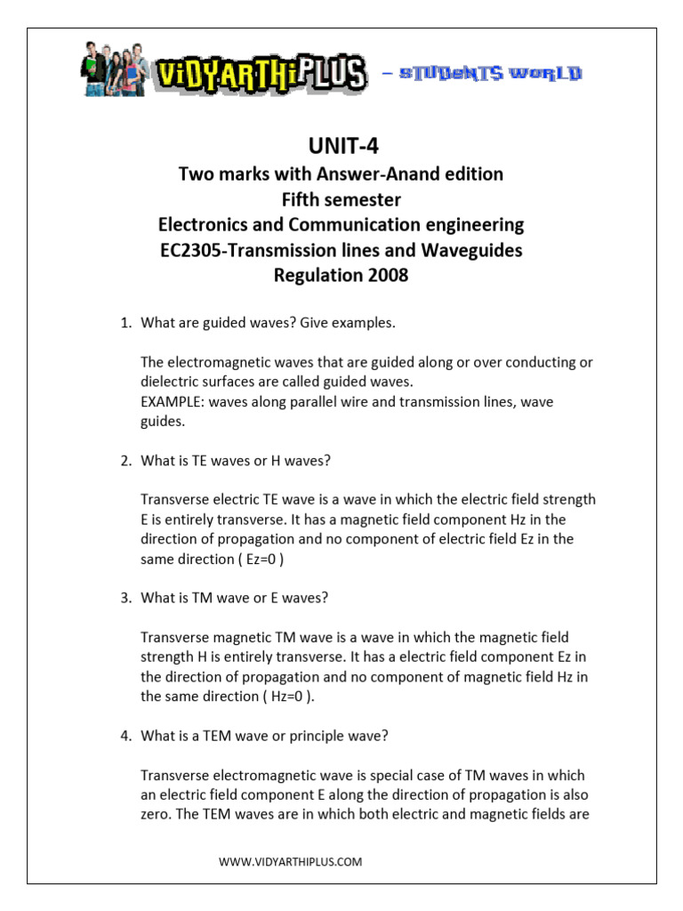 EC2305 TLW -Unit 4 Two Marks With Answer[Anand a] | PDF | Waveguide | Waves