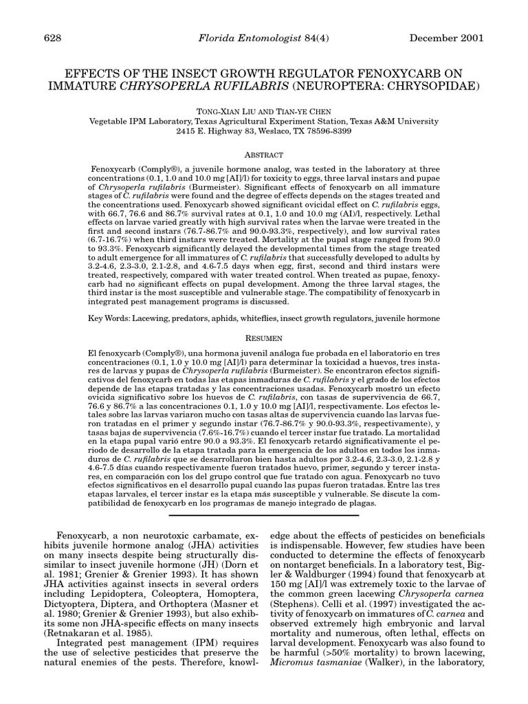 Effects of The Insect Growth Regulator Fenoxycarb On Immature ...
