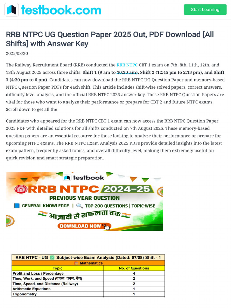 RRB NTPC Question Paper 2025 Out | PDF