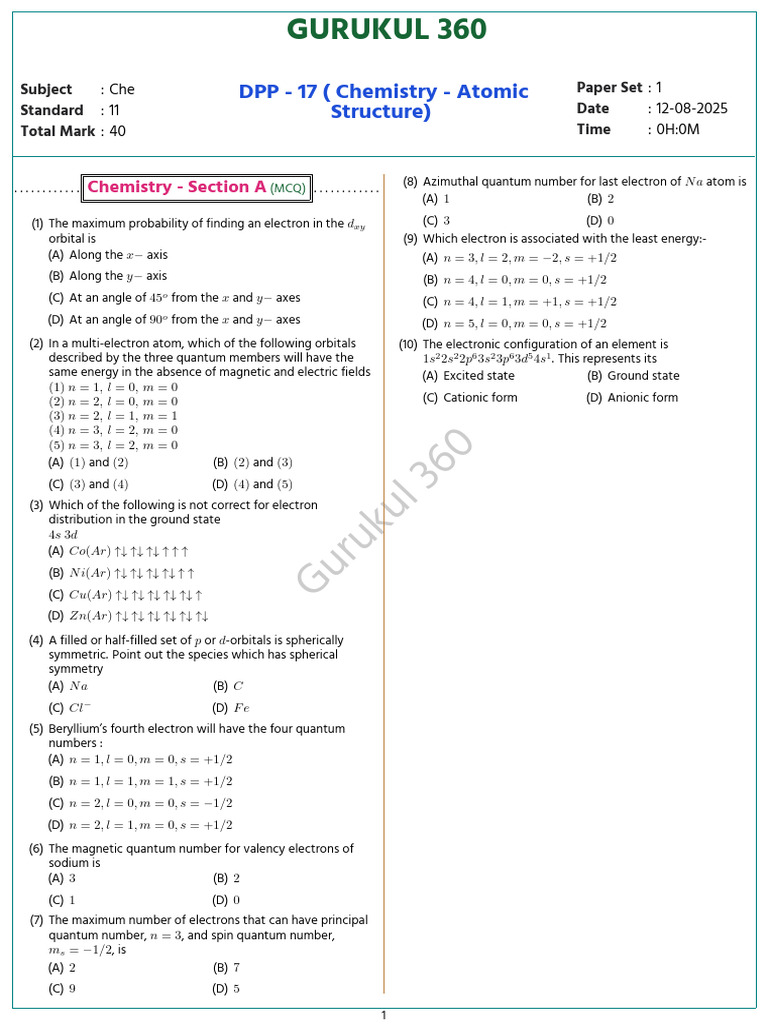 DPP - 17 (Chemistry - Atomic Structure) 895662 1 1754987900 | PDF ...