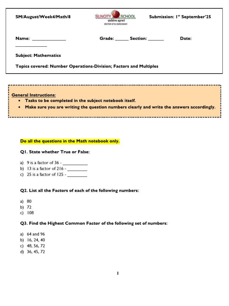 Grade V - Weekend Worksheet - Multiplication, Division, Factors N Multiples | PDF ...