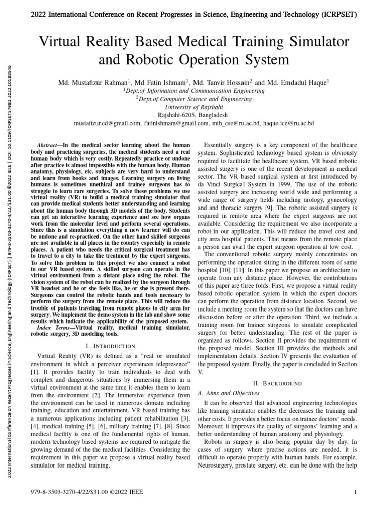 Virtual Reality Based Medical Training Simulator and Robotic Operation ...