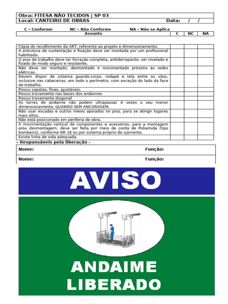 Placa Andaime Liberado X Check List X Interditado | PDF