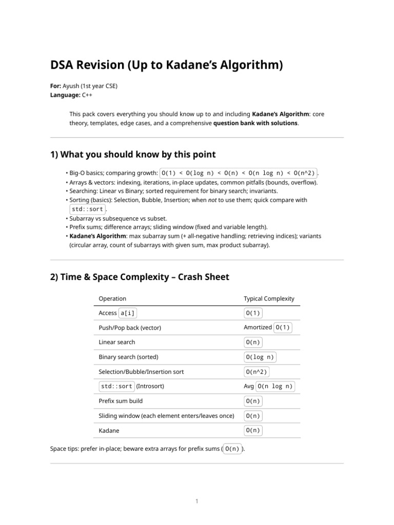 Dsa Revision (Up To Kadane's Algorithm) - Notes + Full Question Bank ...