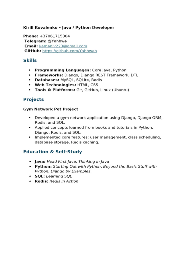 Skills: Kirill Kovalenko - Java / Python Developer Phone: Telegram ...