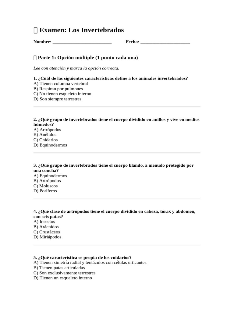 ? Examen Invertebrados | PDF | Invertebrado | Esponja