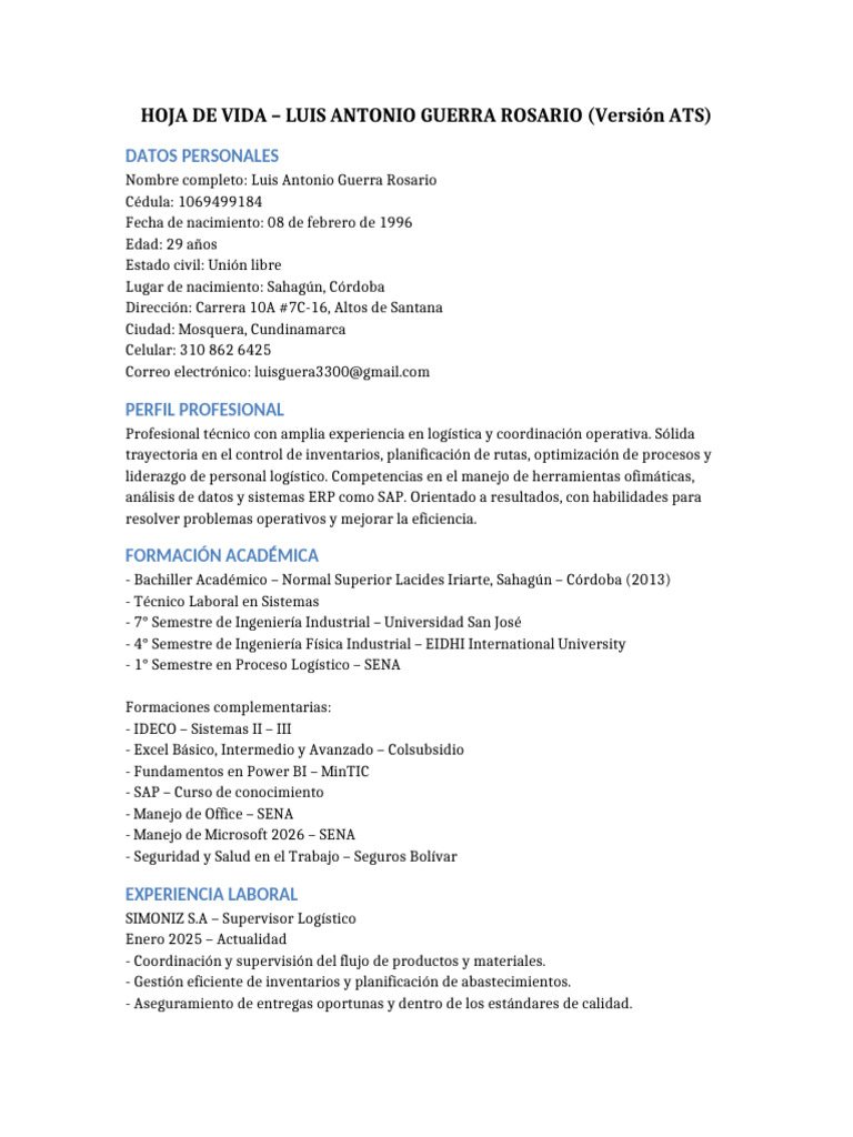 Hoja de Vida Luis Antonio Guerra Rosario | PDF | Logística | Business