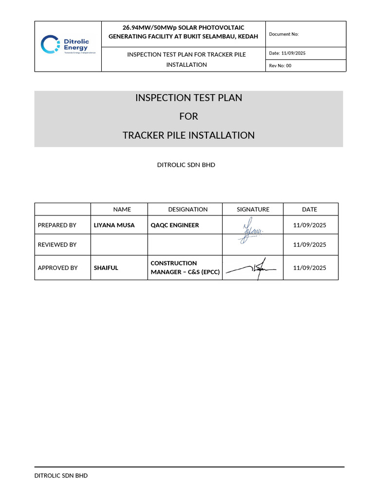 Tracker Pile Installation Inspection Plan | PDF | Photovoltaics ...