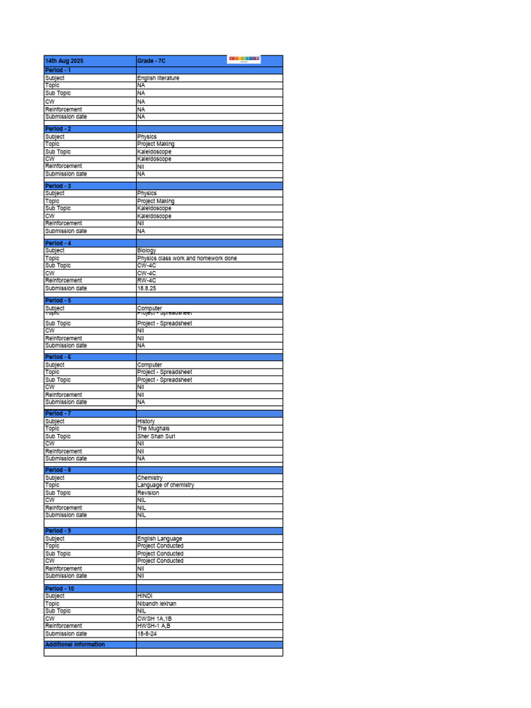Grade 7C Class Schedule Overview | PDF