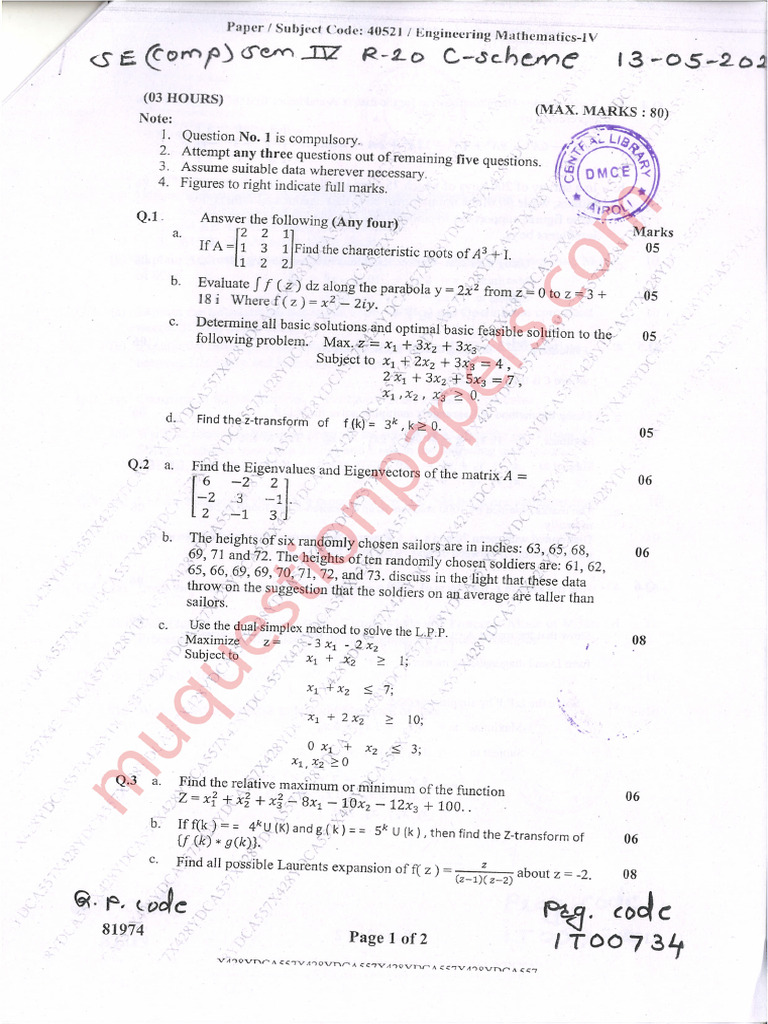 Be Computer Engineering Semester 4 2025 May Engineering Mathematics ...