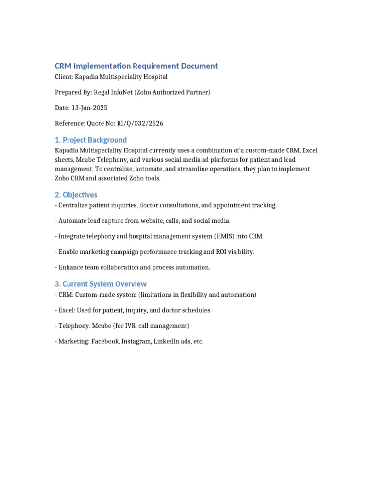 CRM Requirement Document Kapadia Hospital | PDF