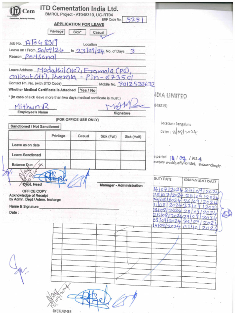 Mithun R Leave | PDF