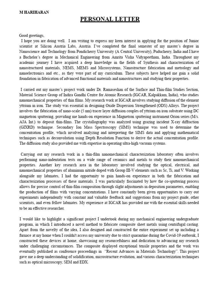 Cover Letter - Silicon Austria Labs | PDF | Thin Film | Materials Science