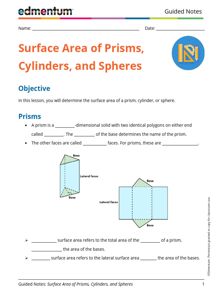 Guided Notes - Surface Area of Prisms, Cylinders, and Spheres | PDF ...