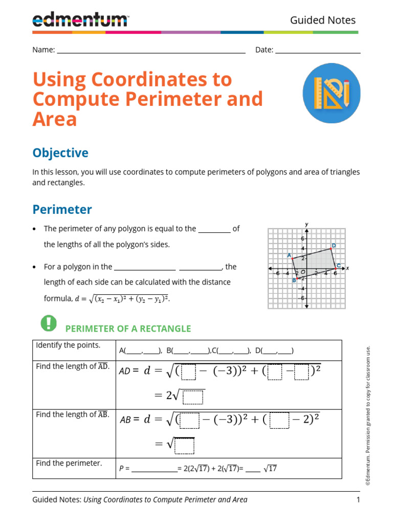 Mastery Test: Perimeter and Area with Coordinates | PDF | Area | Length