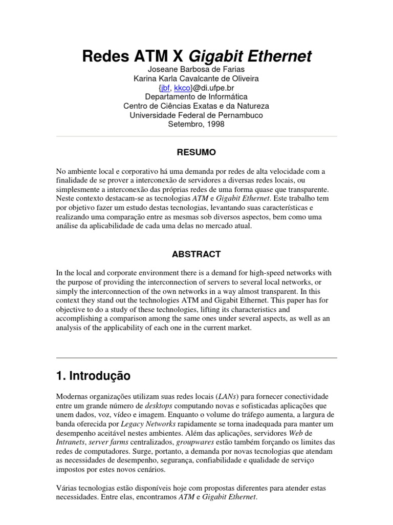 Redes ATM X Gigabit Ethernet | PDF | Modo assíncrono de transferência | Ethernet