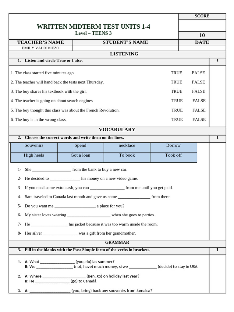 Midterm Test for Teens: Units 1-4 | PDF | Linguistics | Languages