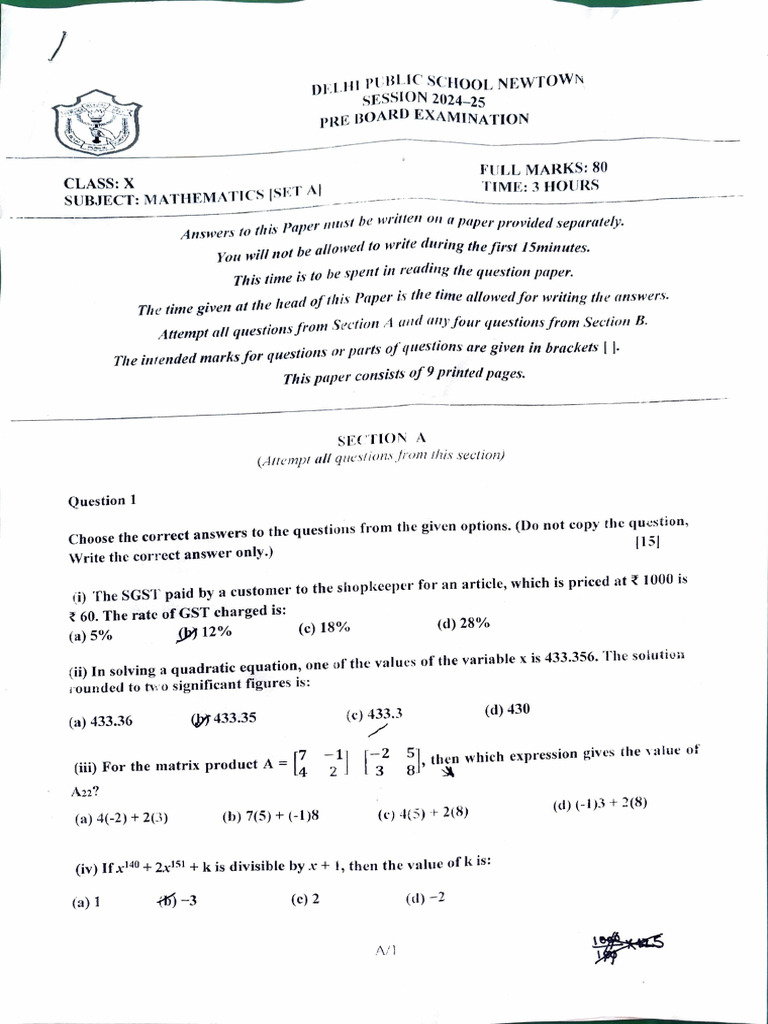 Delhi Public School Newtown Exam Paper | PDF | Cartesian Coordinate ...