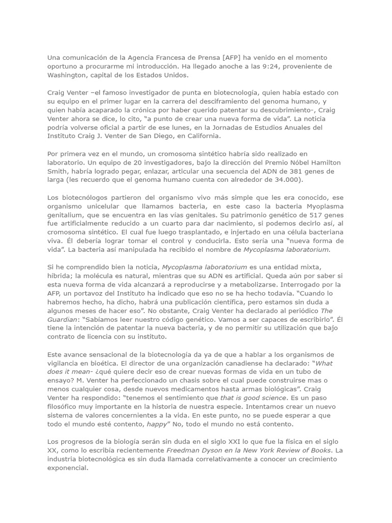 Creación de Mycoplasma laboratorium: Avances en Biotecnología | PDF