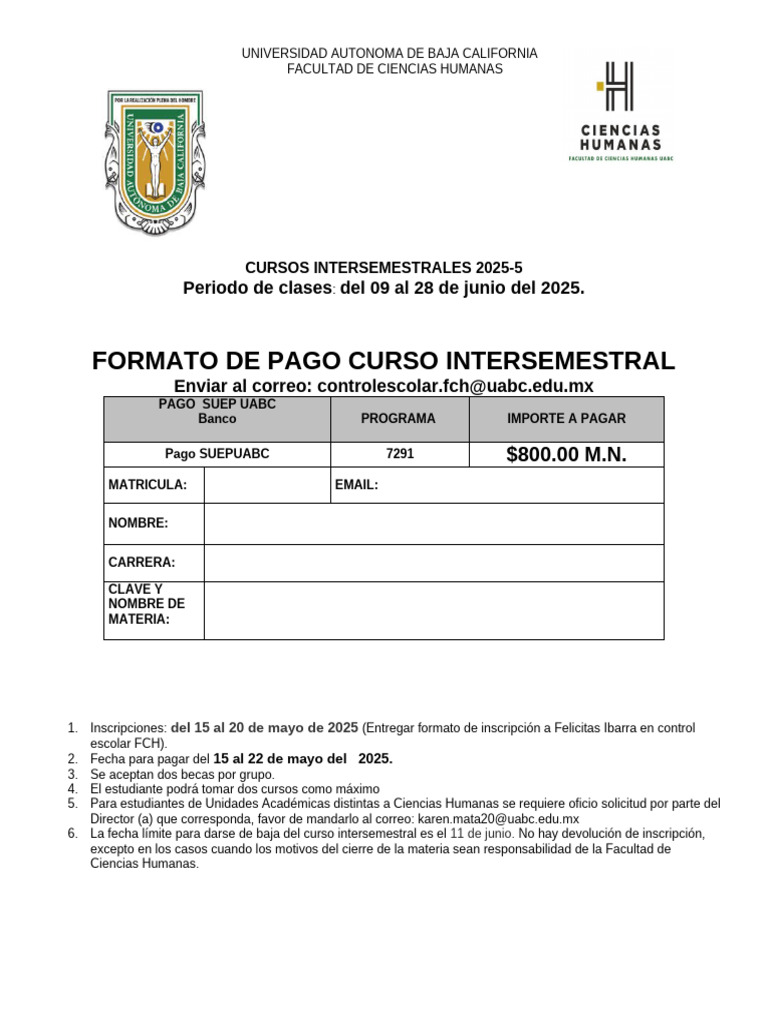 Pago SUEP UABC Cursos Intersemestrales 2025 | PDF