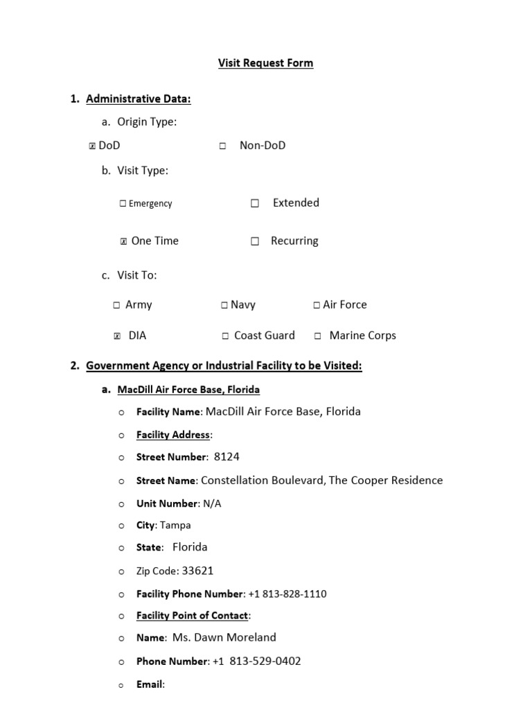 Visit Request Form for MacDill AFB | PDF | Classified Information | Privacy