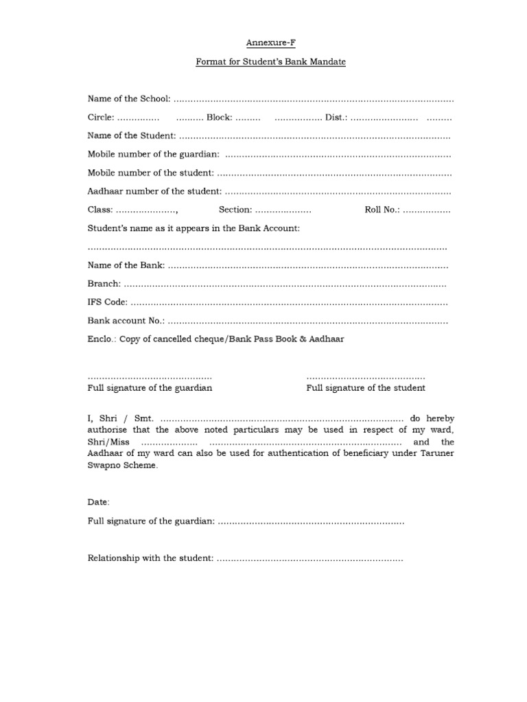Student Bank Mandate Format | PDF
