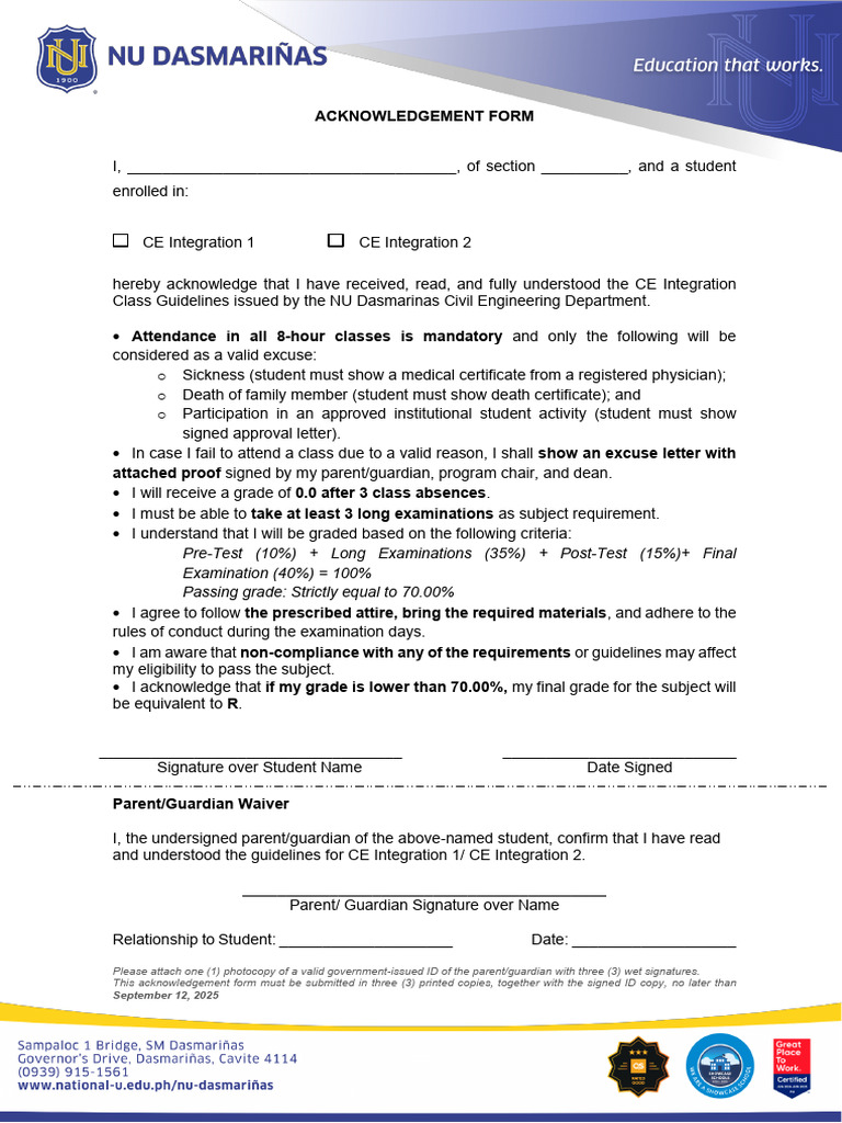 CE Integration Class Acknowledgement Form | PDF
