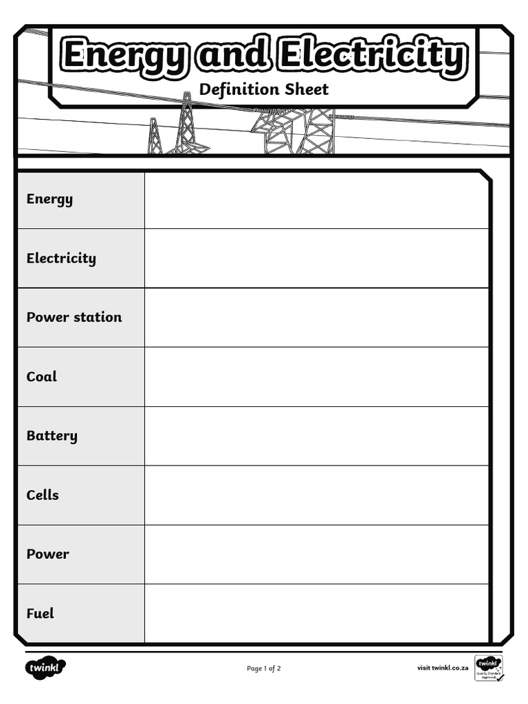 Energy and Electricity Definition Sheet B&W | PDF | Electricity ...