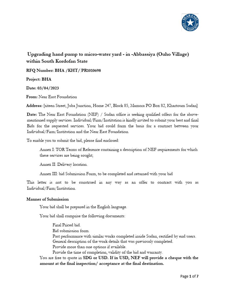 RFQ-Upgrading of Handpump To Micro Water Yard in Abbassiya (Ouho Village) | PDF | Pipe (Fluid ...