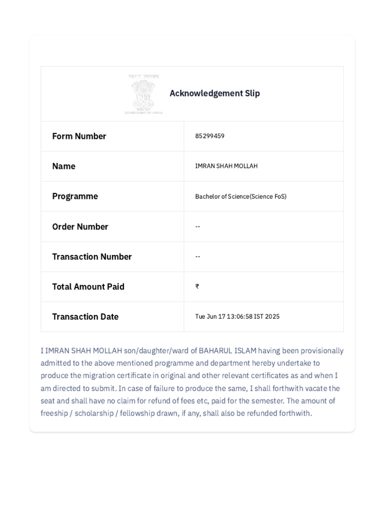 Acknowledgement Slip for B.Sc. Admission | PDF