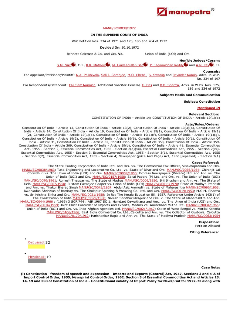 Bennett Coleman and Co and Ors Vs Union of India Us720038COM48129 | PDF ...