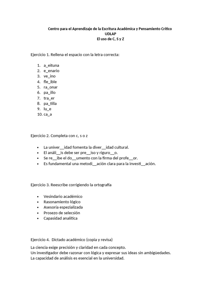 Ejercicios de ortografía C, S y Z | PDF | Lingüística