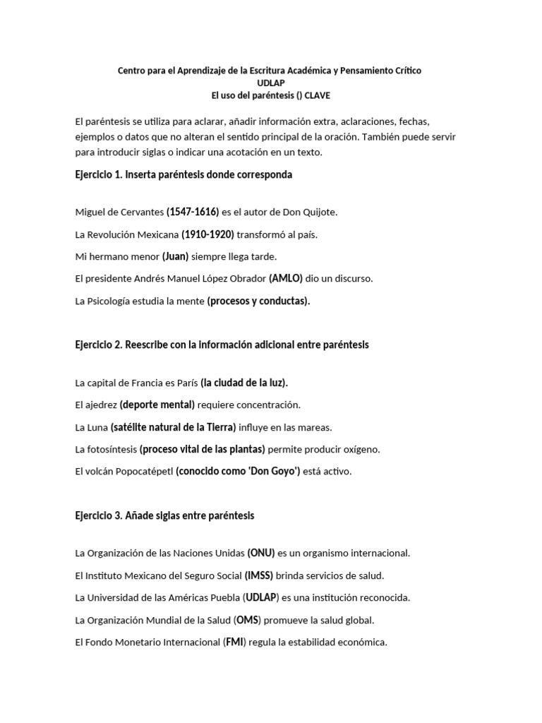 Ejercicios Paréntesis CLAVE | PDF | Sicología | Psicología clínica
