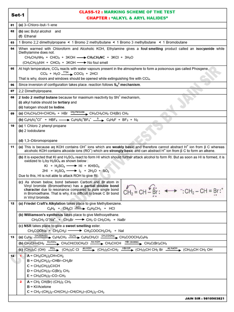 Class 12 Marking Scheme: Alkyl & Aryl Halides | PDF | Organic Chemistry ...